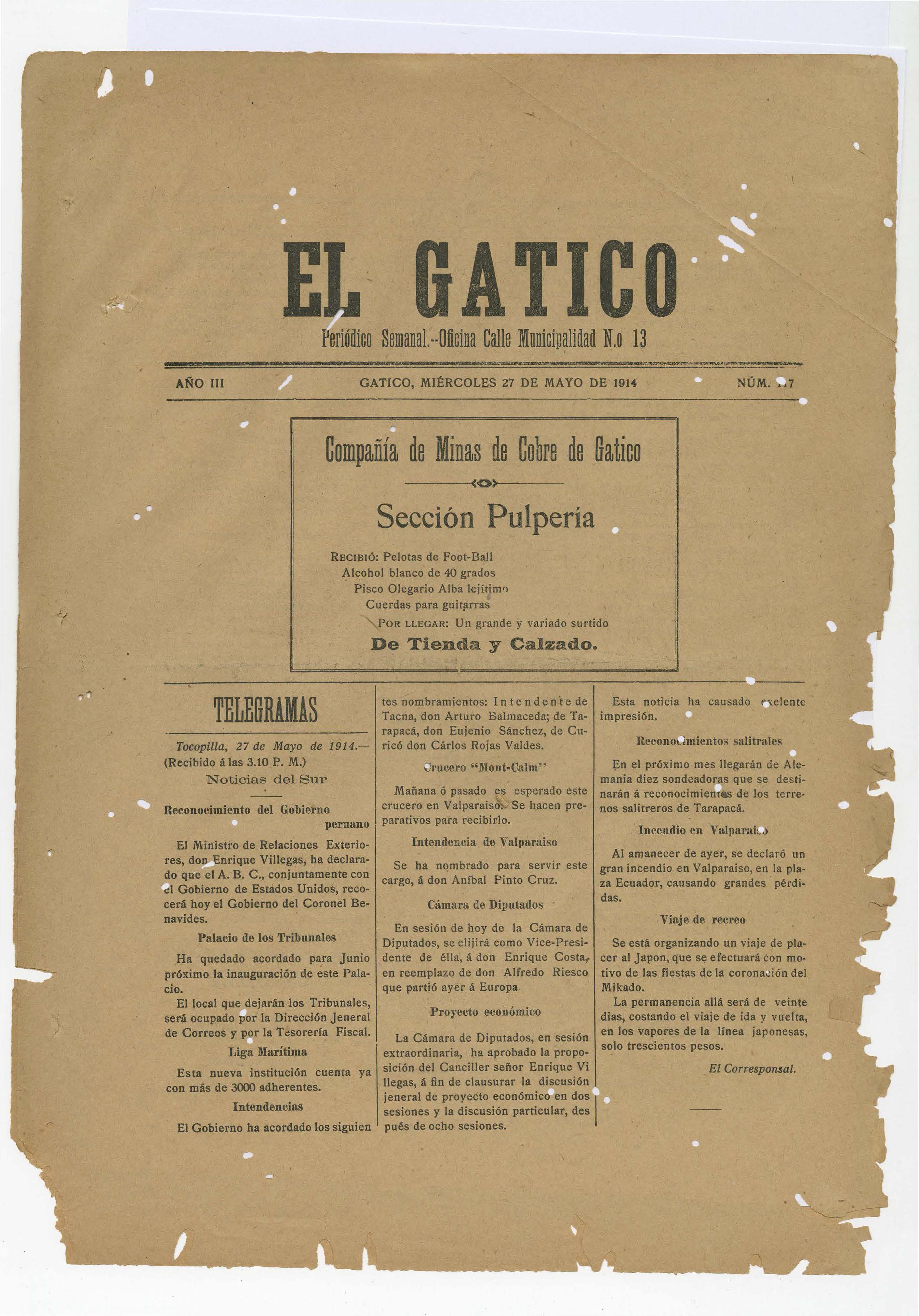 El Gatico, nº 117 (27 de mayo de 1914) | Museo de Antofagasta