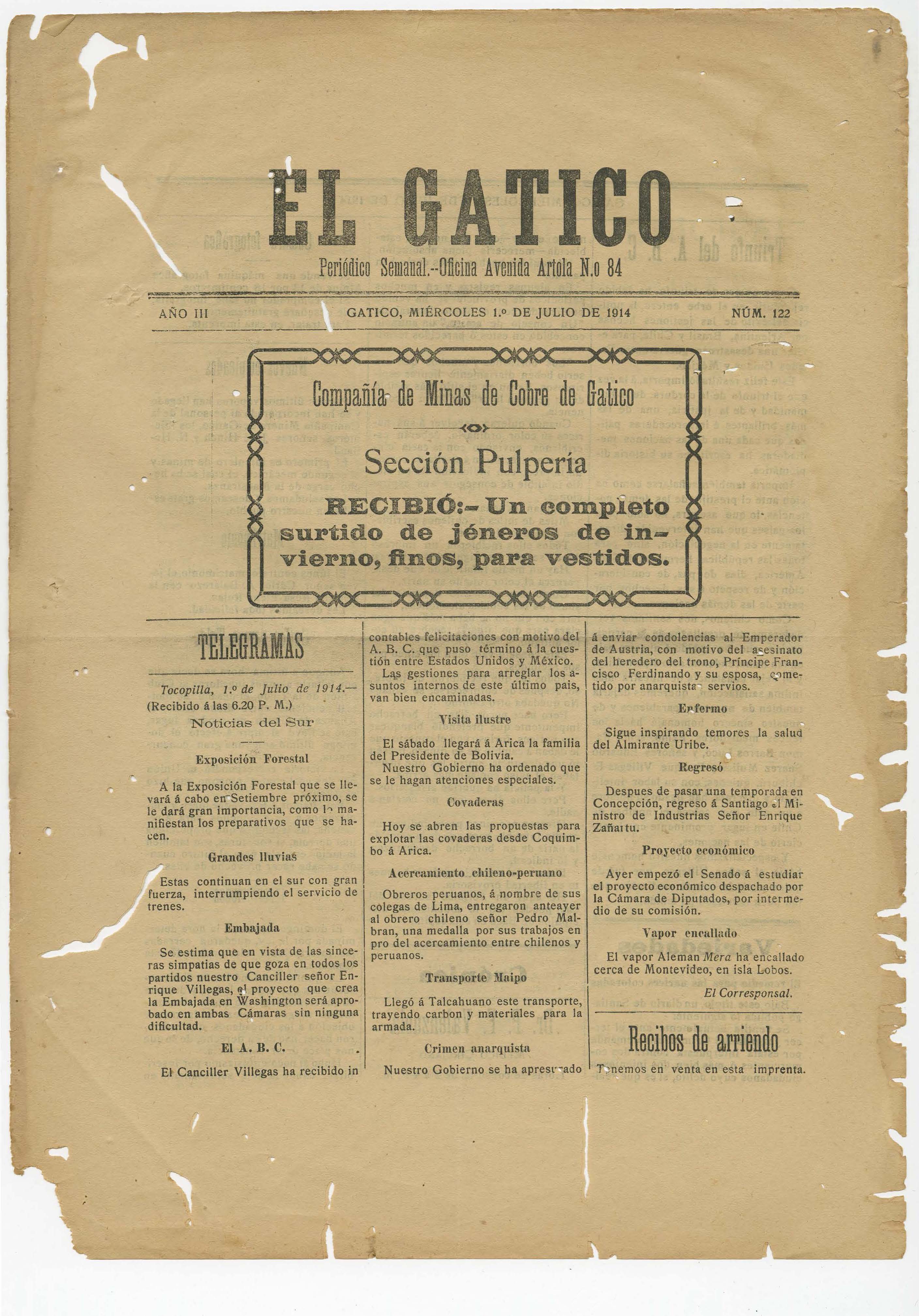 El Gatico, nº 122 (1 de julio de 1914) | Museo de Antofagasta